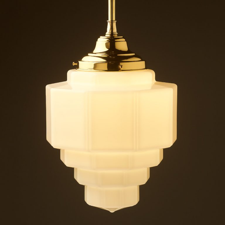 300mm wide Art Deco long opal glass brass fixed rod light