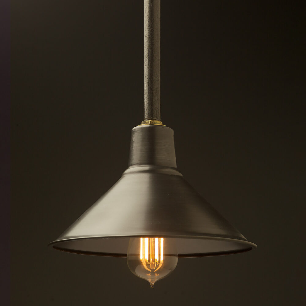 Raw black steel plumbing pipe hooded shade pendant