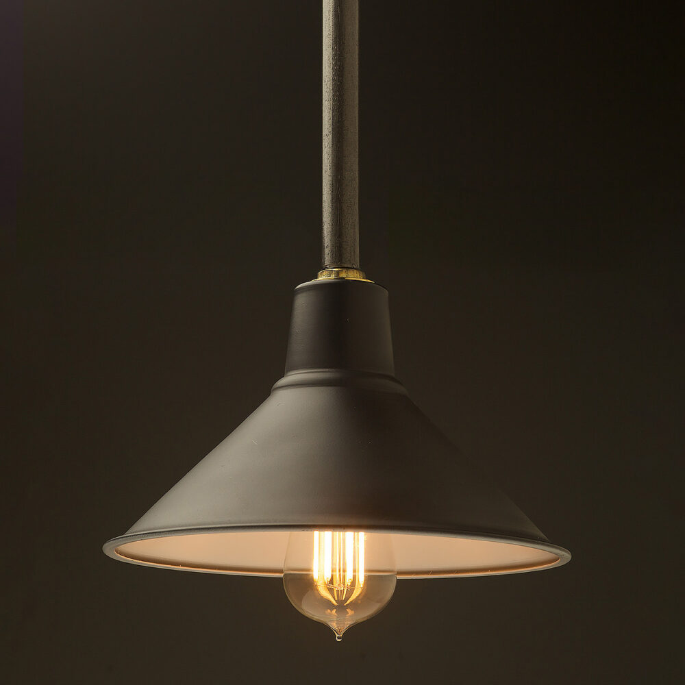 Raw black steel plumbing pipe hooded shade pendant